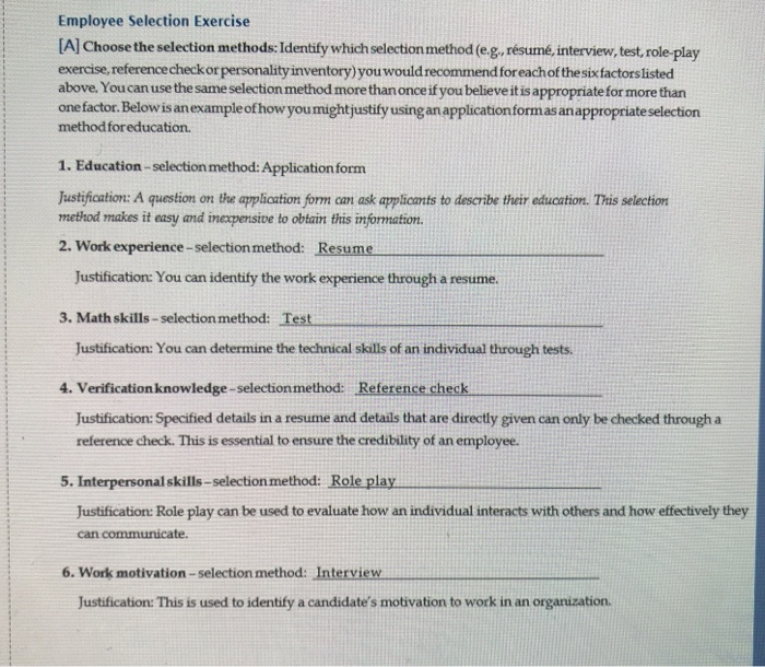 Employee Selection Exercise [A] Choose the selection | Chegg.com