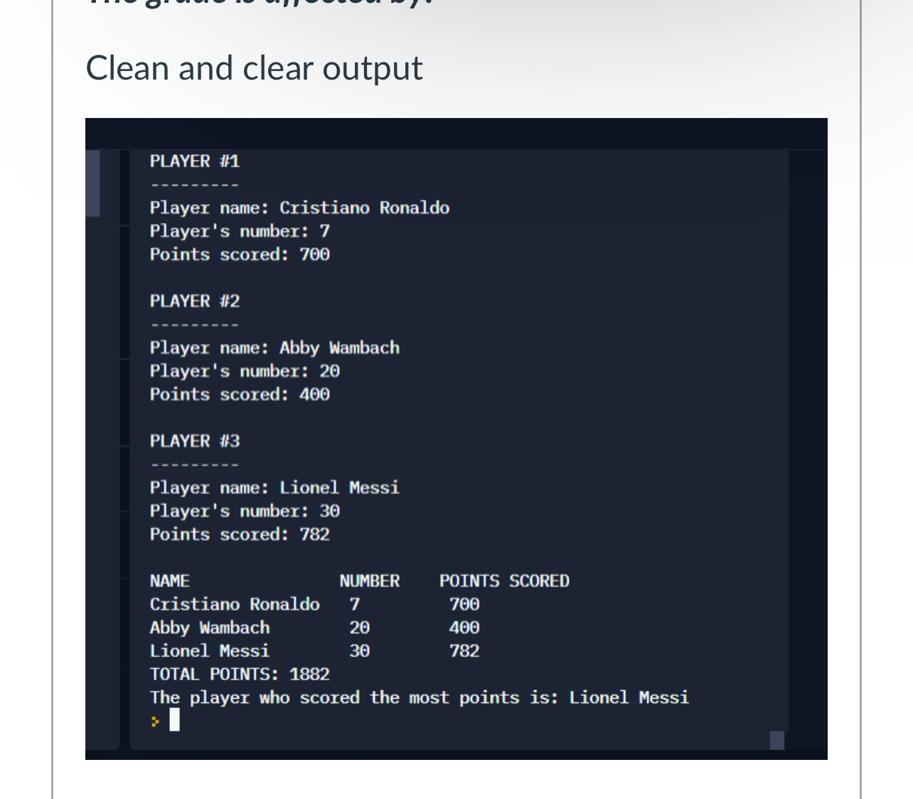Solved Clean and clear outputPLAYER 非1Player name: Cristiano | Chegg.com