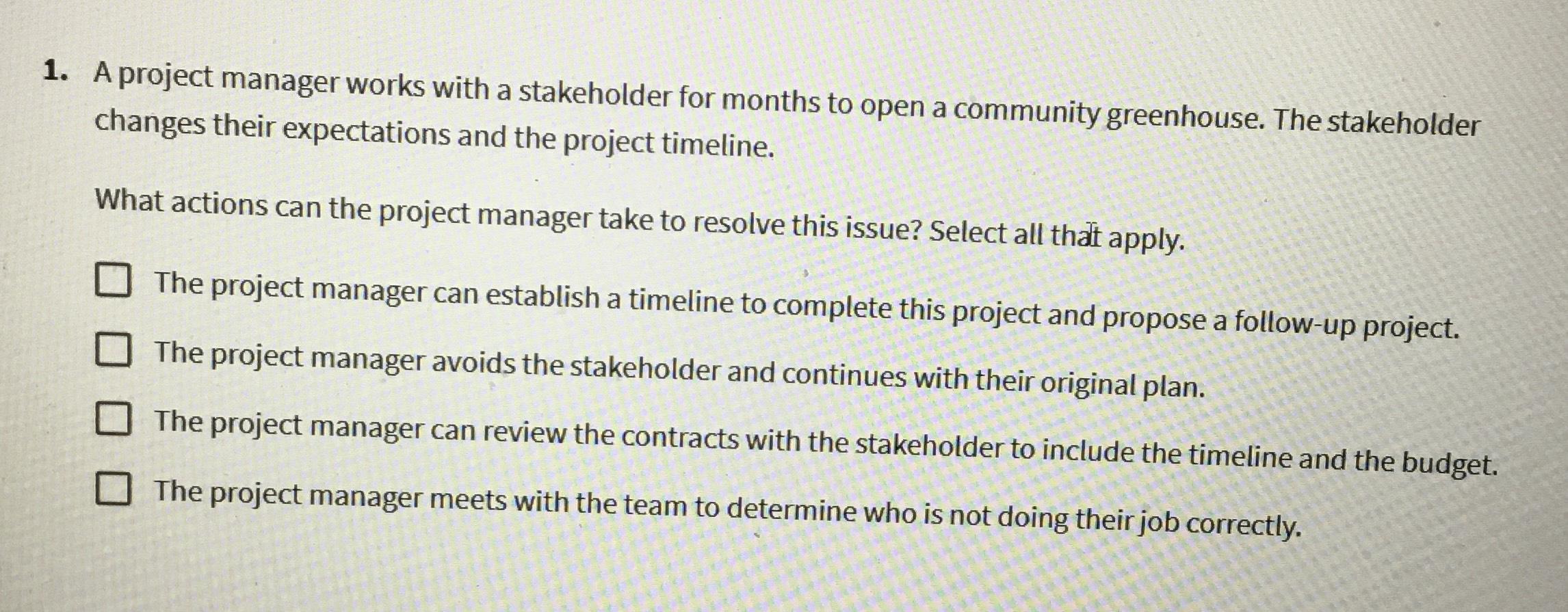 Solved A project manager works with a stakeholder for months | Chegg.com