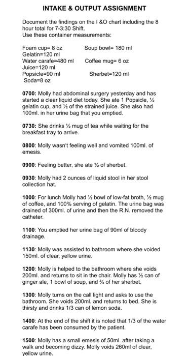 INTAKE \& OUTPUT ASSIGNMENT Document the findings on | Chegg.com