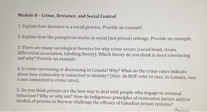 Module 8 - Crime, Deviance, and Social Control 1. | Chegg.com