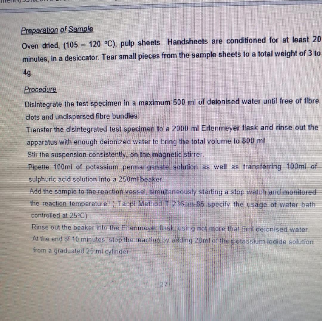 VI. Determination of Pulp Kappa Number Introduction | Chegg.com