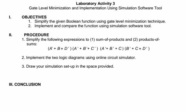 Solved 1. II. Laboratory Activity 3 Gate Level Minimization | Chegg.com