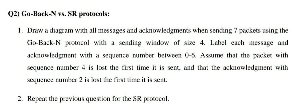 Solved Q2) Go-Back-N vs. SR protocols: 1. Draw a diagram | Chegg.com
