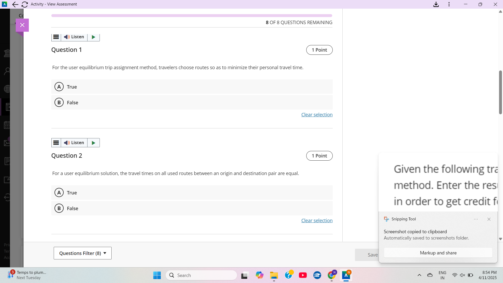 Solved Question 1 ﻿For the user equilibrium trip assignment | Chegg.com