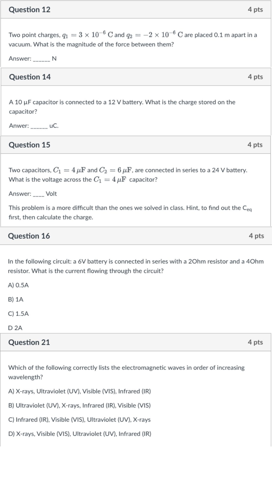 Solved Question 124 ﻿ptsTwo point charges, q1=3×10-6C ﻿and | Chegg.com