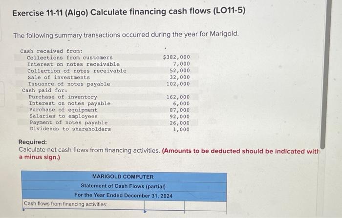 Solved Exercise 11-11 (Algo) Calculate financing cash flows | Chegg.com