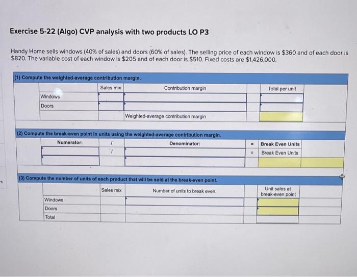 Solved Exercise 5-22 (Algo) CVP analysis with two products | Chegg.com
