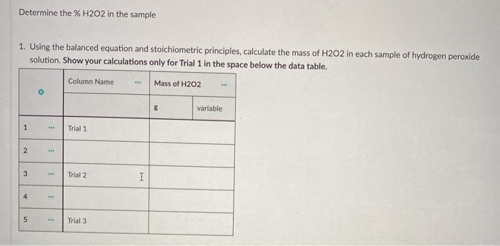 Determine the % H202 in the sample 1. Using the | Chegg.com