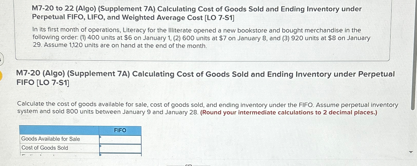 Solved M7-20 ﻿to 22 (Algo) (Supplement 7A) ﻿Calculating Cost | Chegg.com