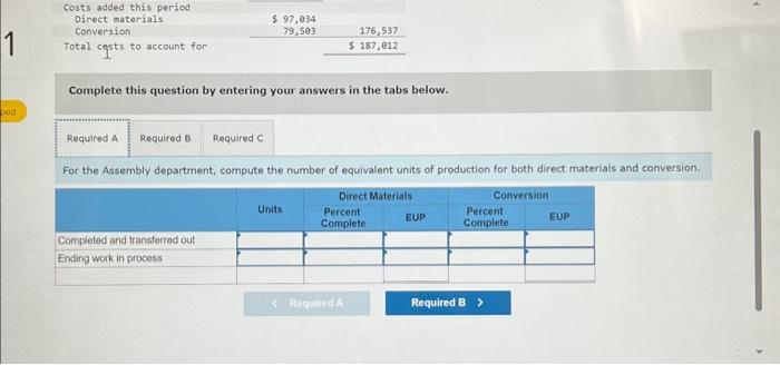 Solved A company's Assembly department reports the following | Chegg.com