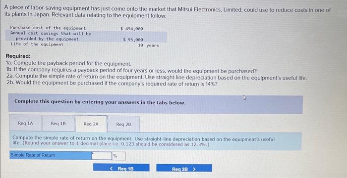 Solved Exercise 14-13 (Algo) Payback Period and Simple Rate | Chegg.com