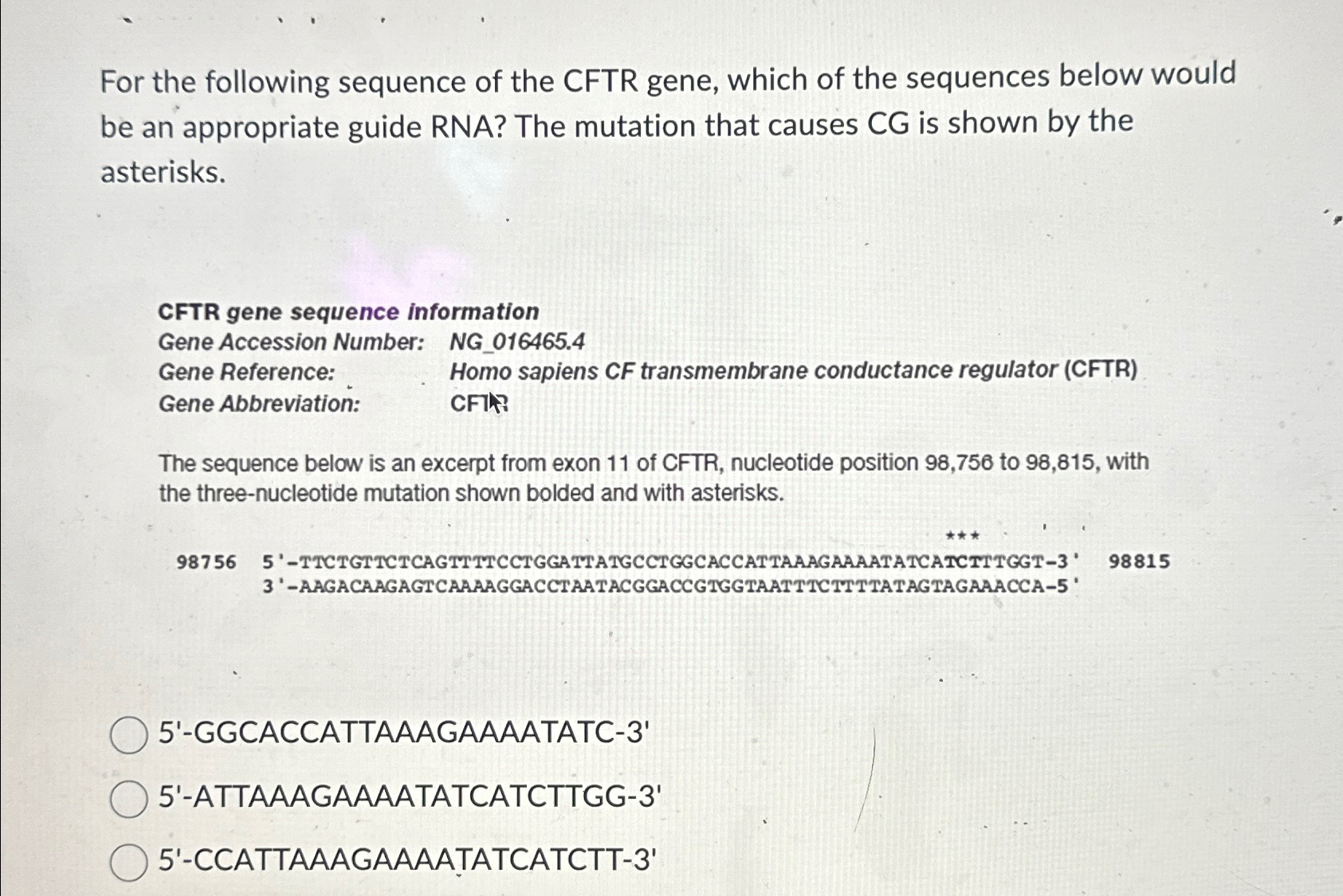 Solved For the following sequence of the CFTR gene, which of | Chegg.com
