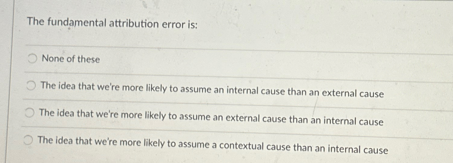 Solved The fundamental attribution error is:None of theseThe | Chegg.com