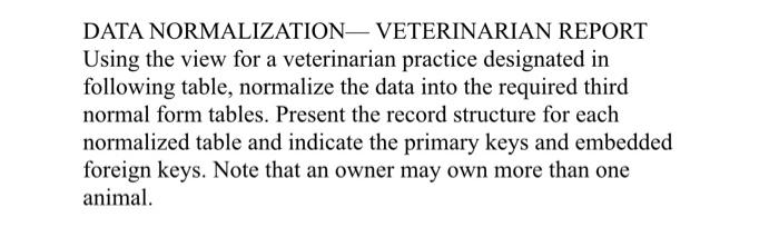 Solved DATA NORMALIZATION- VETERINARIAN REPORT Using the | Chegg.com