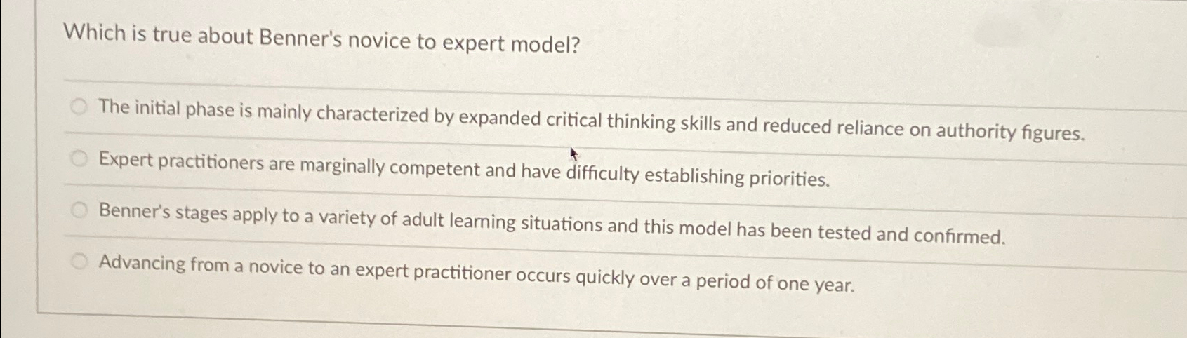 Solved Which is true about Benner's novice to expert | Chegg.com