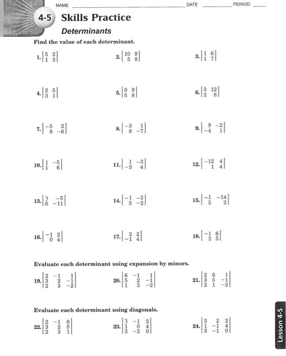 Solved NAME DATE PERIOD 4-5 Skills Practice Determinants | Chegg.com