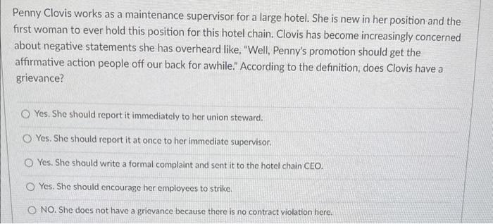 Solved Penny Clovis works as a maintenance supervisor for a | Chegg.com
