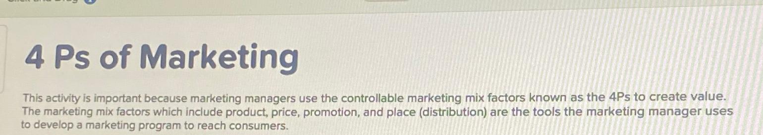 Solved 4 ﻿Ps of MarketingThis activity is important because | Chegg.com