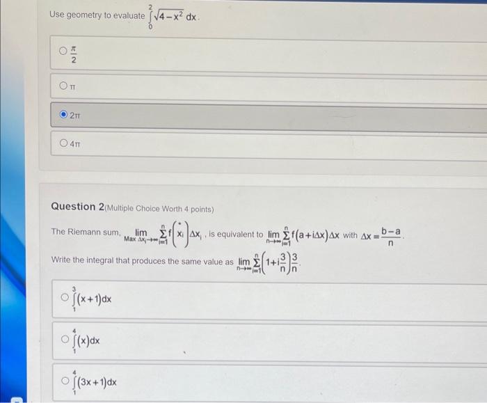 Solved Use geometry to evaluate ∫024−x2dx. 2π 2π 4π Question | Chegg.com