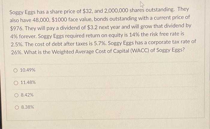 Solved Soggy Eggs has a share price of $32, and 2,000,000 | Chegg.com
