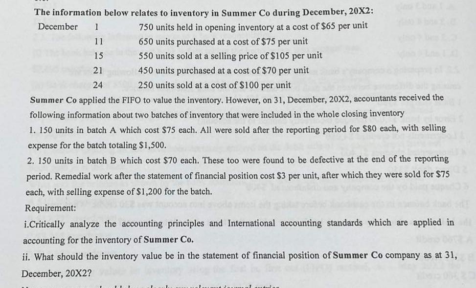Solved The information below relates to inventory in Summer | Chegg.com