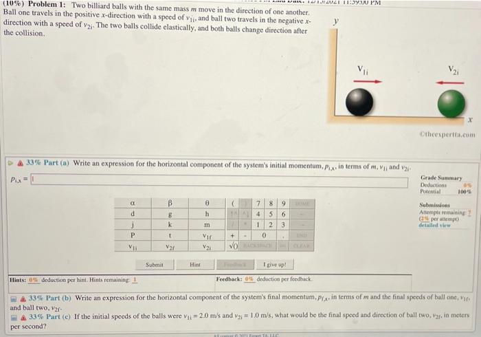 Solved LJULI 19:00 PM (10%) Problem 1: Two billiard balls | Chegg.com