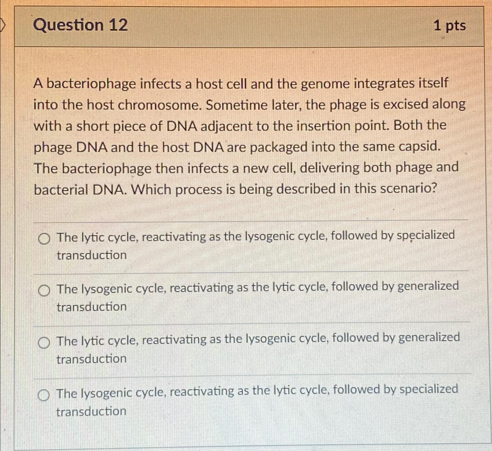 Solved Question 121 ﻿ptsA bacteriophage infects a host cell | Chegg.com