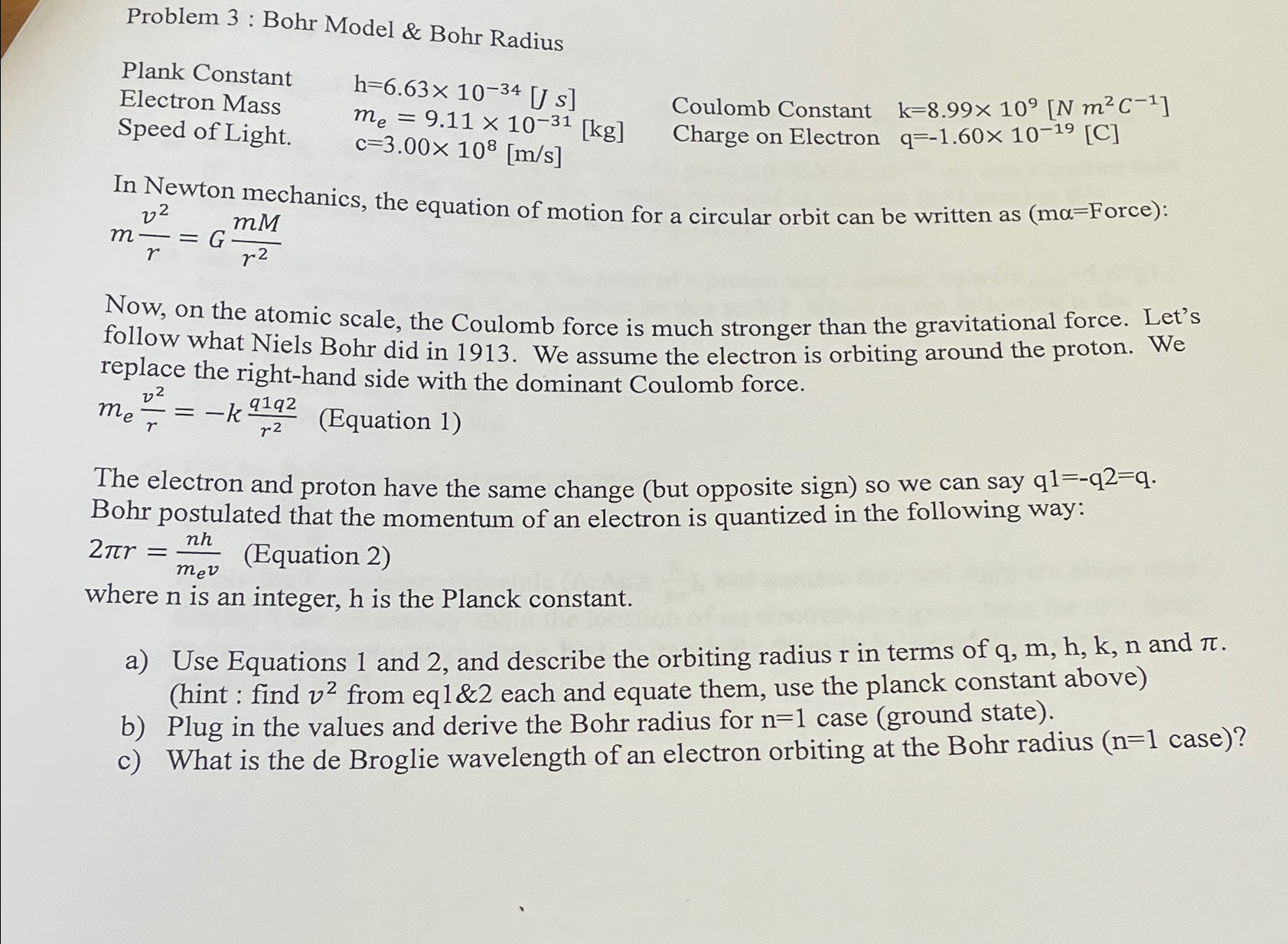 Solved Problem 3 ﻿: Bohr Model & Bohr RadiusPlank | Chegg.com