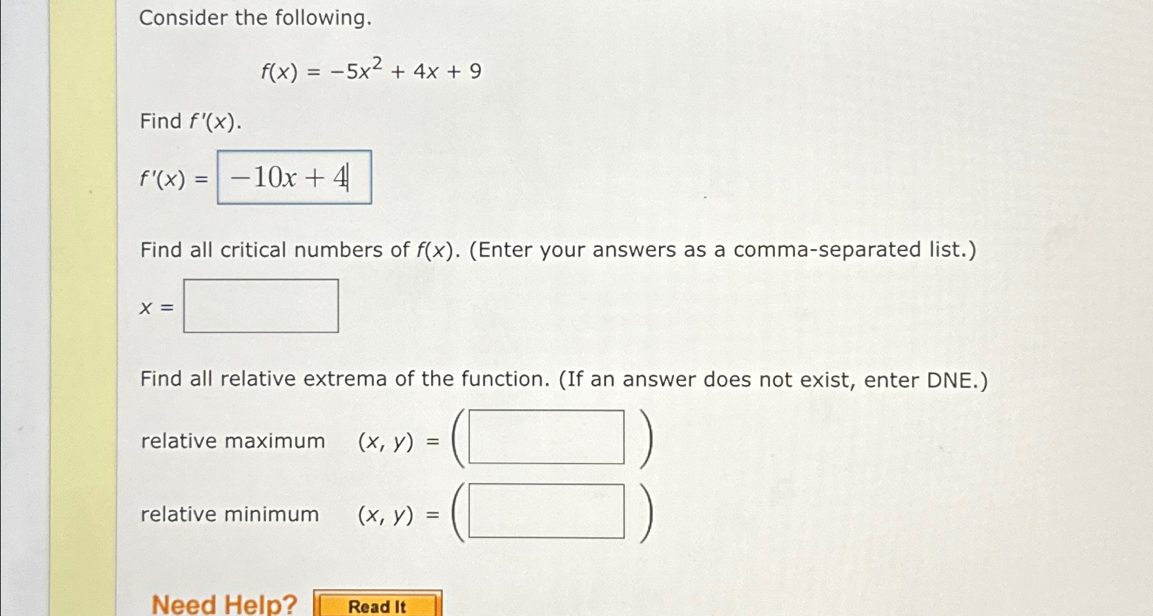 Solved Consider the following.f(x)=-5x2+4x+9Find | Chegg.com
