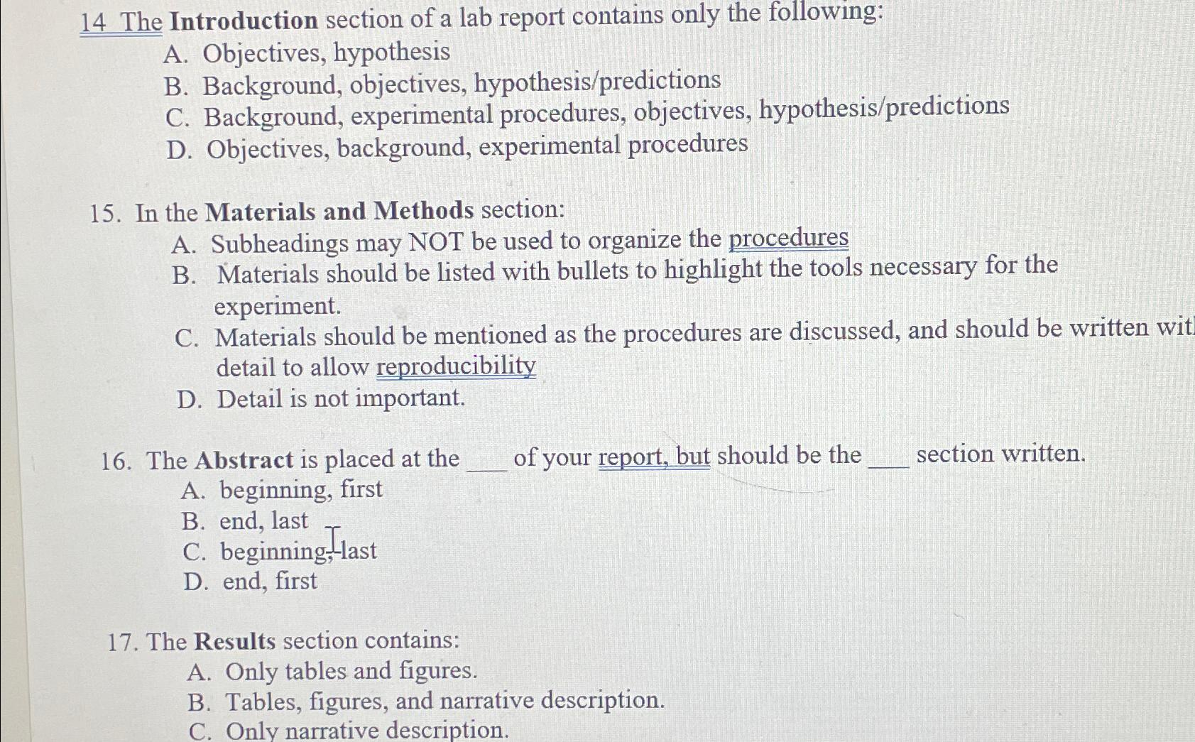 Solved 14 ﻿The Introduction section of a lab report contains | Chegg.com