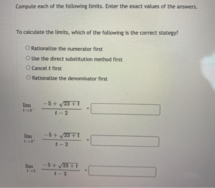 Solved Compute each of the following limits. Enter the exact | Chegg.com