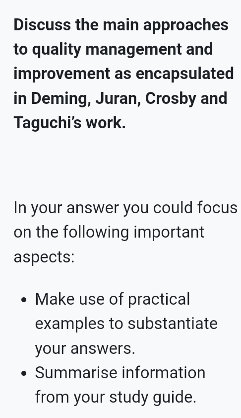 Solved Discuss the main approaches to quality management and | Chegg.com