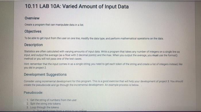 Solved 10.11 LAB 10A: Varied Amount of Input Data Overview | Chegg.com