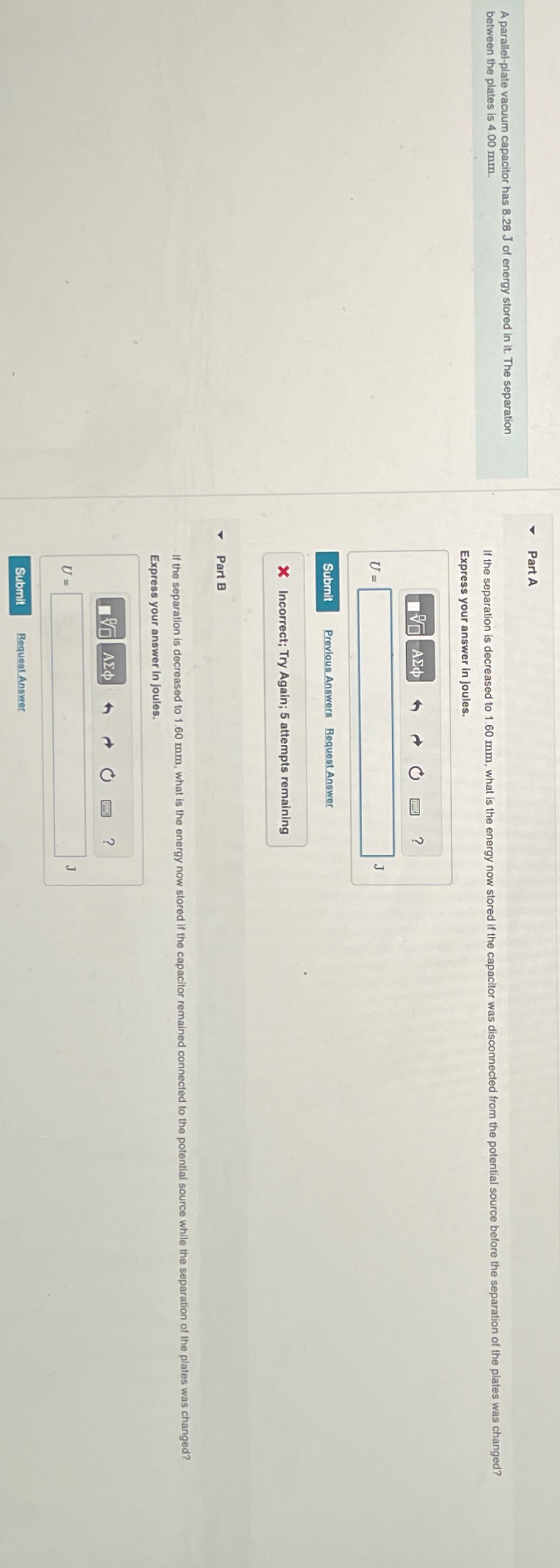 Solved A parallel-plate vacuum capacitor has 8.28J ﻿of | Chegg.com