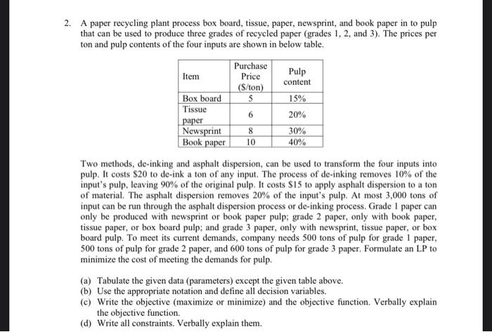 Solved A paper recycling plant process box board, tissue, | Chegg.com