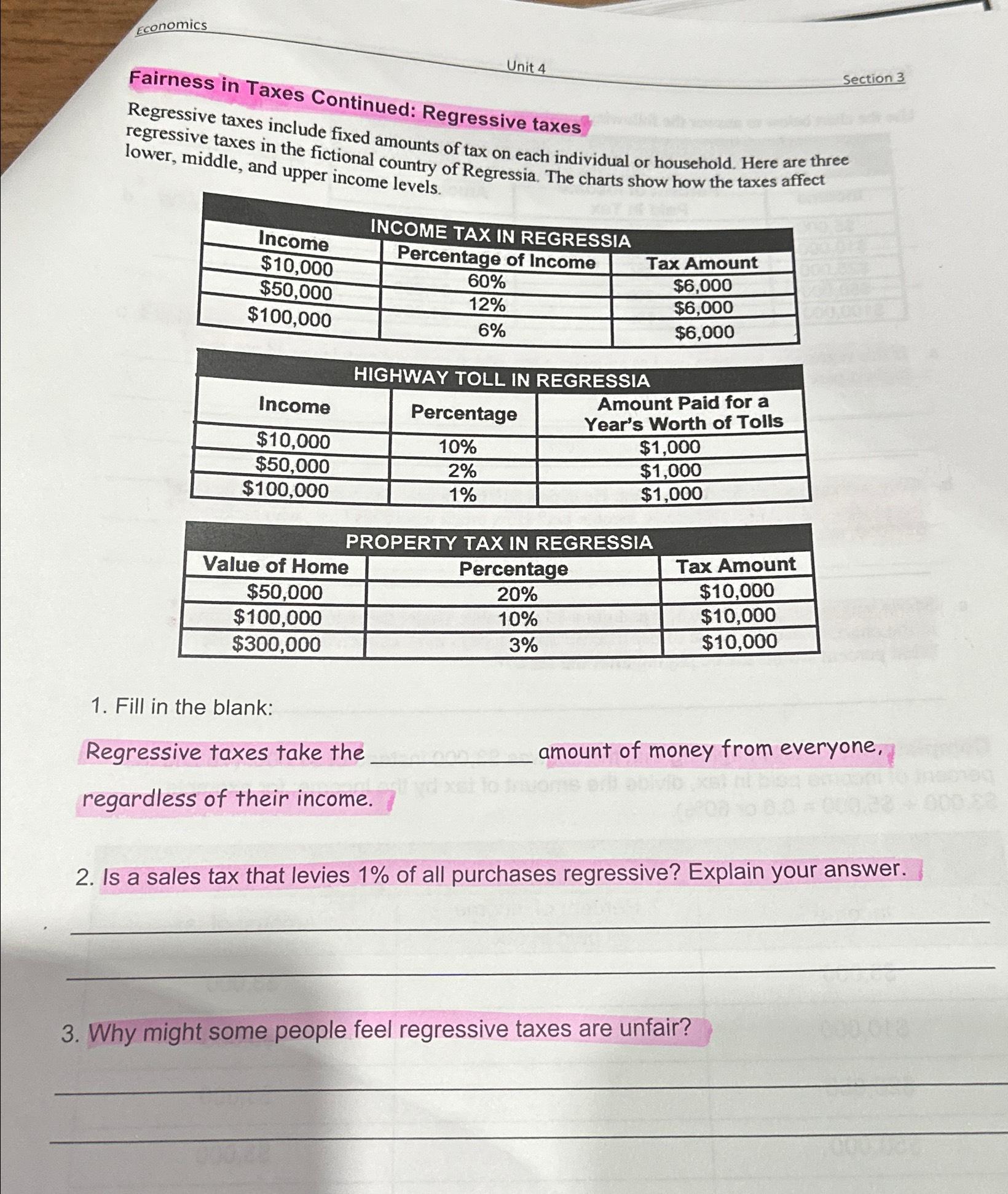 Solved EconomicsUnit 4Section 3Fairness in Taxes Continued: | Chegg.com