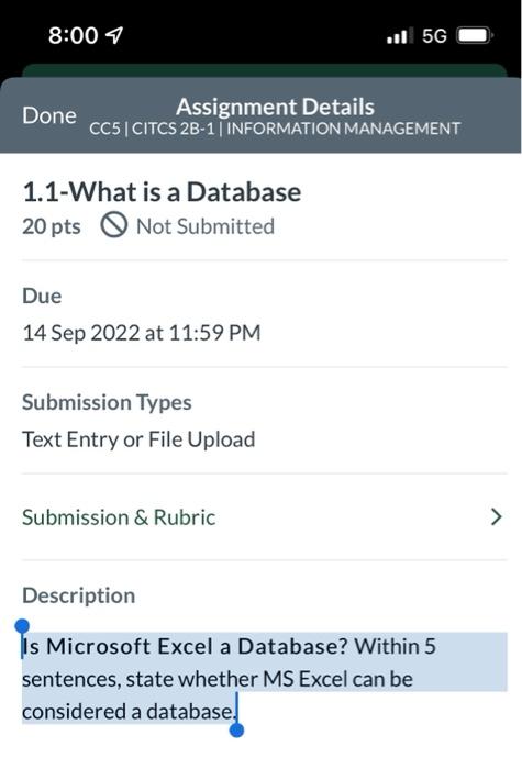 Solved Done Assignment Details 1.1-What is a Database 20 | Chegg.com