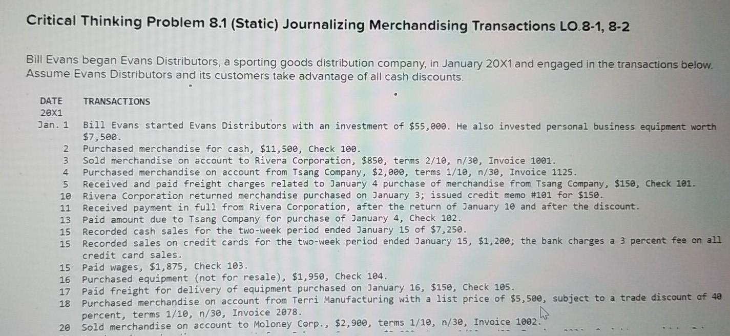 Solved Critical Thinking Problem 8.1 (Static) Journalizing | Chegg.com