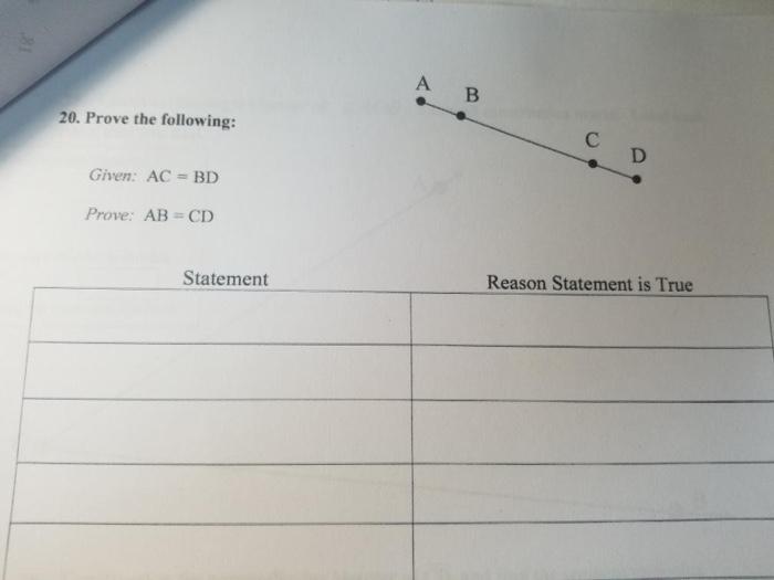 Solved A B 20. Prove the following: С D Given: AC = BD | Chegg.com