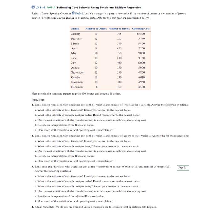 (S) LO 5-4 PA5-4 Estimating Cost Behavlor Using | Chegg.com