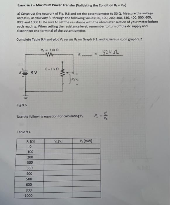 Solved Exercise 2 - Maximum Power Transfer (Validating the | Chegg.com