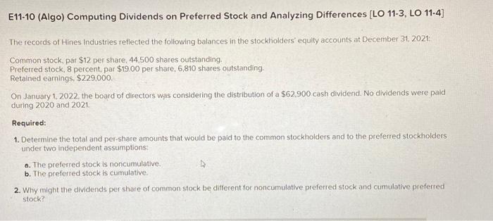 Solved E11-10 (Algo) Computing Dividends on Preferred Stock | Chegg.com