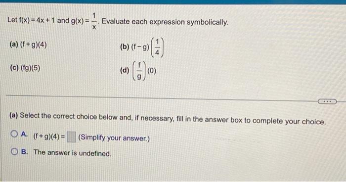 Solved Let f(x)=4x+1 and g(x)=x1. Evaluate each expression | Chegg.com
