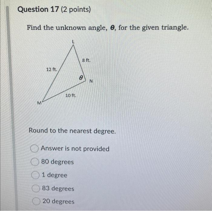 Solved Question 17 (2 points) Find the unknown angle, e, for | Chegg.com
