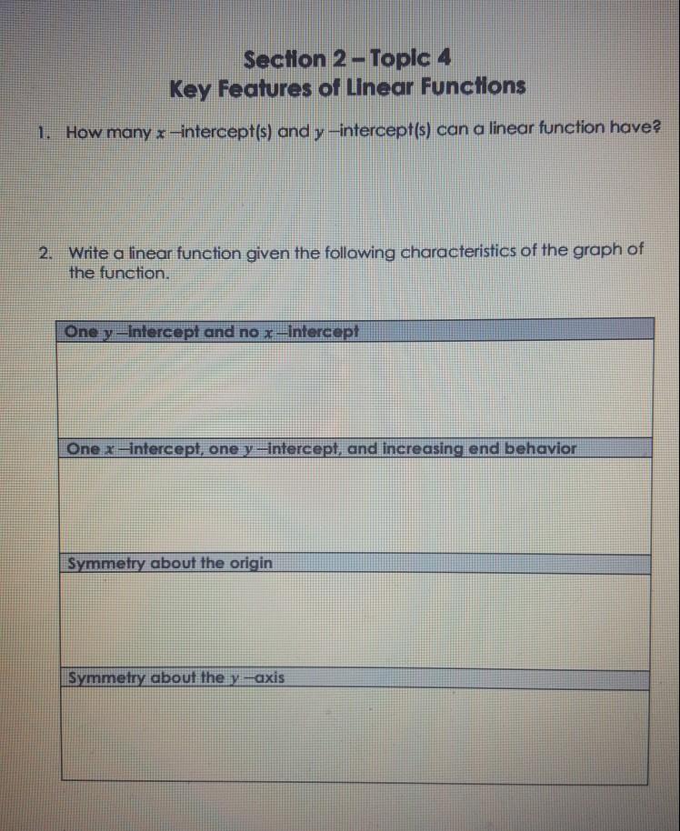 Solved Section 2 - Toplc 4 Key Features of Linear Functions | Chegg.com