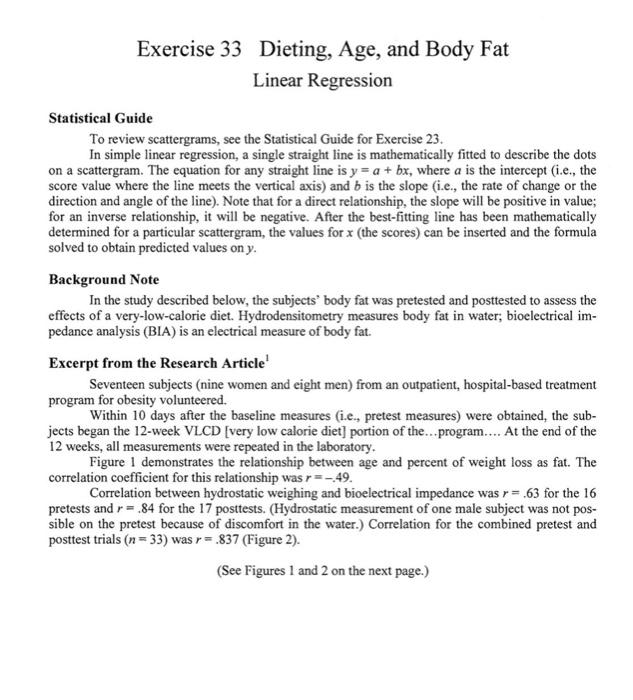 Solved Exercise 33 Dieting, Age, and Body Fat Linear | Chegg.com
