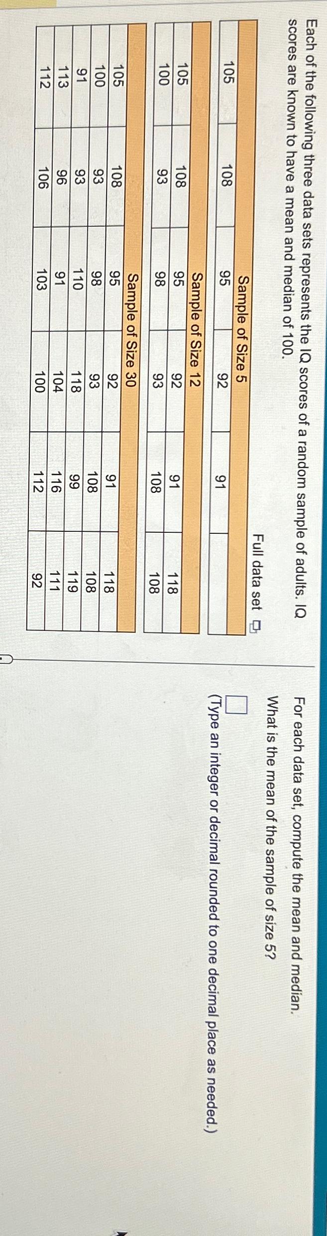 Solved Each of the following three data sets represents the | Chegg.com
