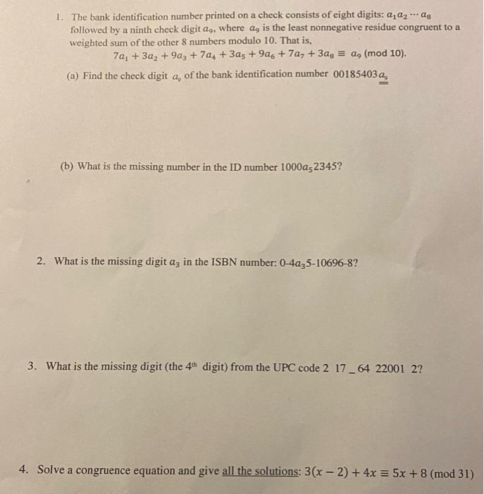 Solved 1. The bank identification number printed on a check | Chegg.com