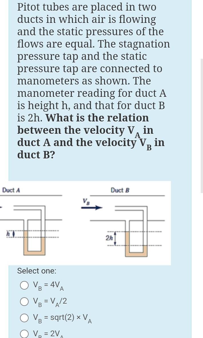 Solved Pitot tubes are placed in two ducts in which air is | Chegg.com